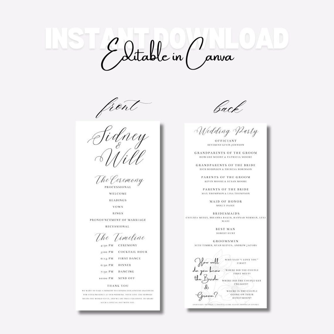 Elegant Wedding Program Template, Printable Infographic, Minimalist ...