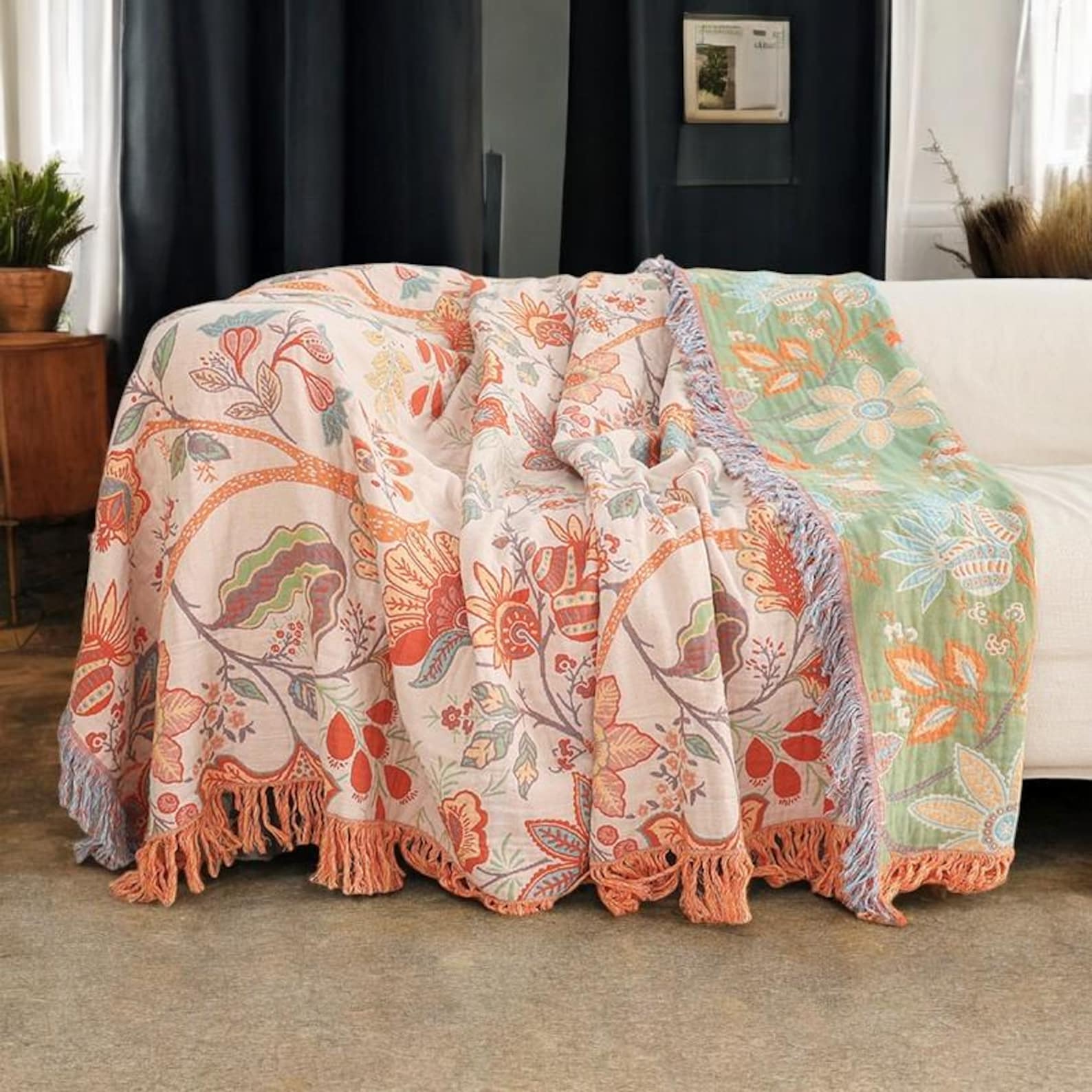 Vintage Bohemian Floral Design Throw Blanket, Sofa Cuddle Throw, Boho ...