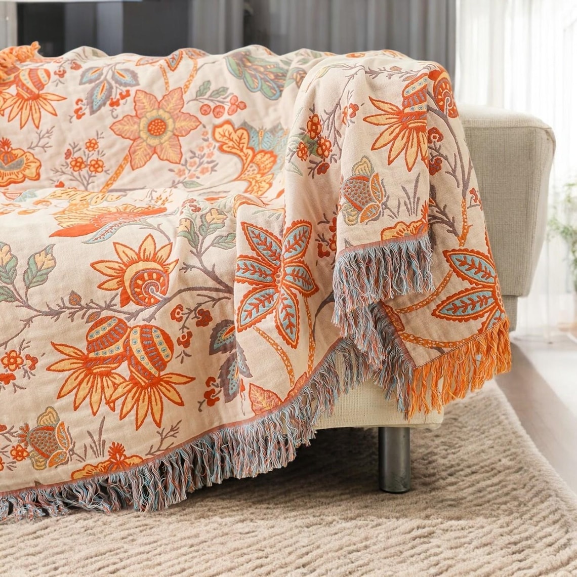 Vintage Bohemian Floral Design Throw Blanket, Sofa Cuddle Throw, Boho ...