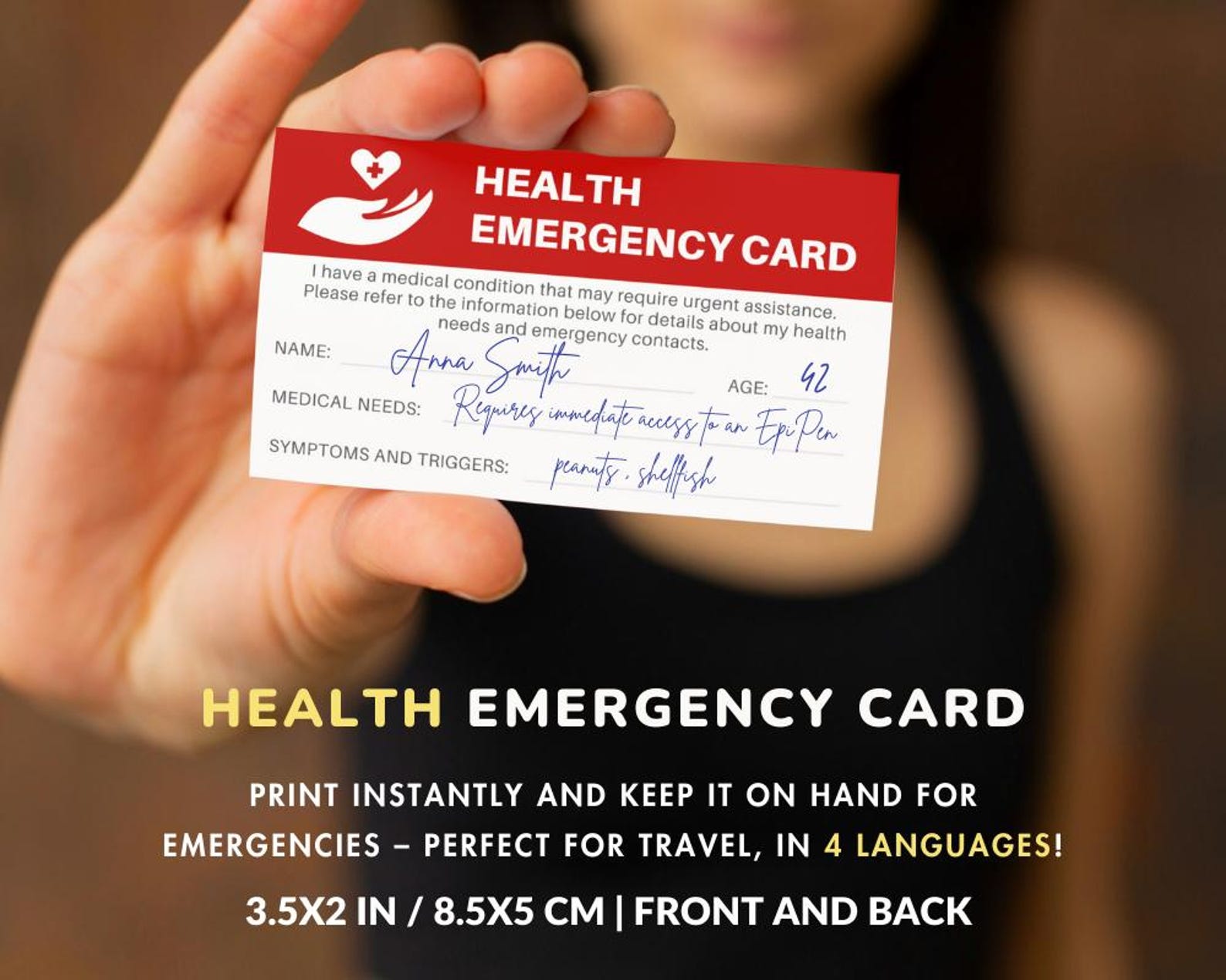 Health Emergency Card, Printable Medical Conditions Wallet Card, 3.5x2 ...