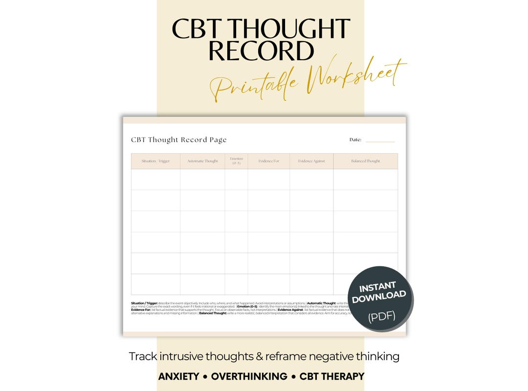 CBT Thought Record Worksheet | Anxiety, Overthinking, Intrusive ...