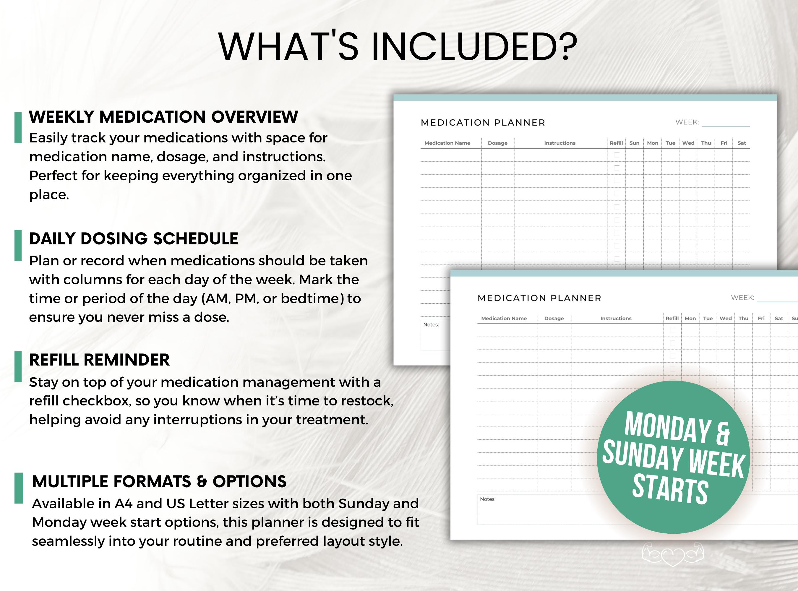Weekly Medication Planner Printable: Pill List, Medicine Log (A4, US ...