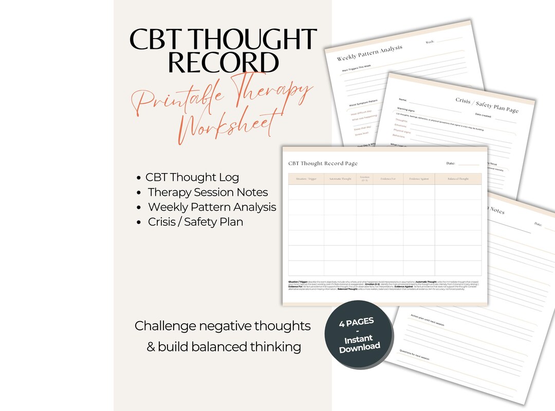 CBT Thought Record Printable, Cognitive Behavioral Therapy Worksheet ...