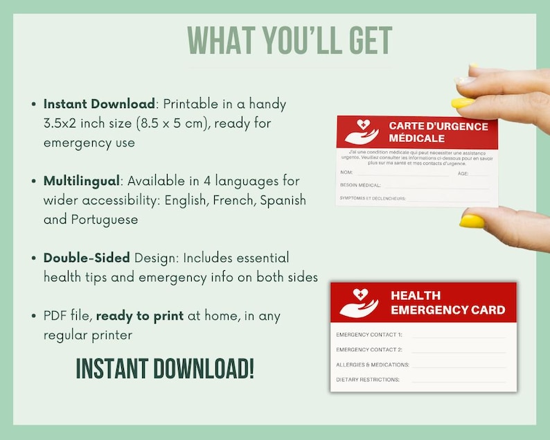 Health Emergency Card, Printable Medical Conditions Wallet Card, 3.5x2 ...