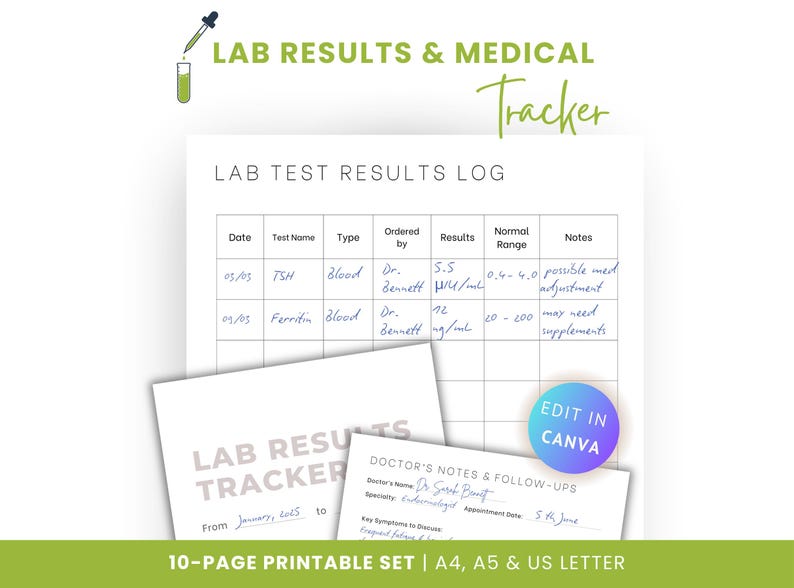 Lab Results Tracker: Editable Medical Records Log (canva, PDF) - Etsy