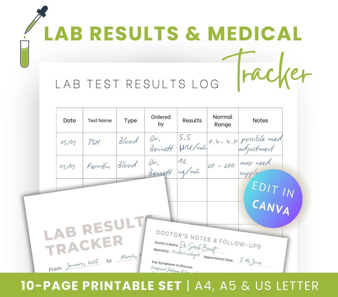 Lab Results Tracker for Medical Binder, Editable Blood Test Tracker ...