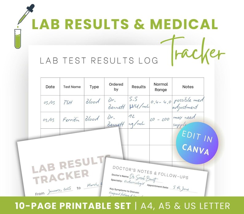 Lab Results Tracker: Editable Medical Records Log (canva, PDF) - Etsy