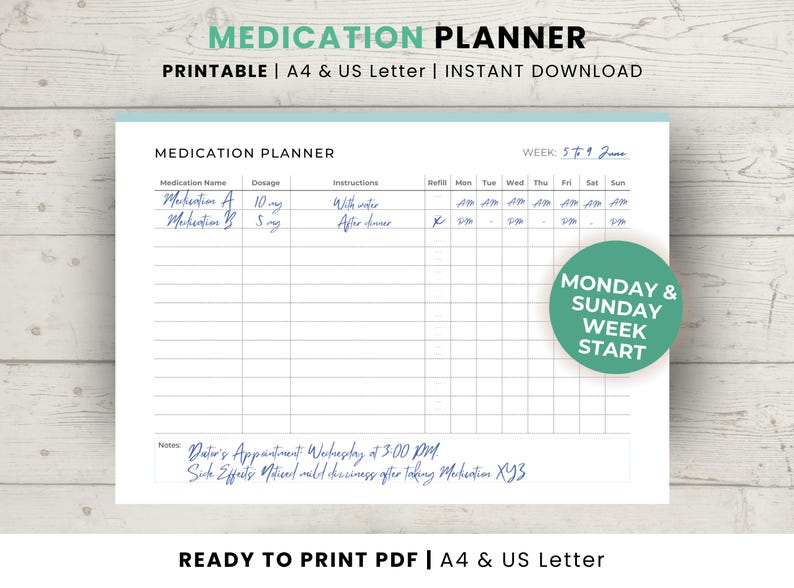 Weekly Medication Planner Printable: Pill List, Medicine Log (A4, US ...