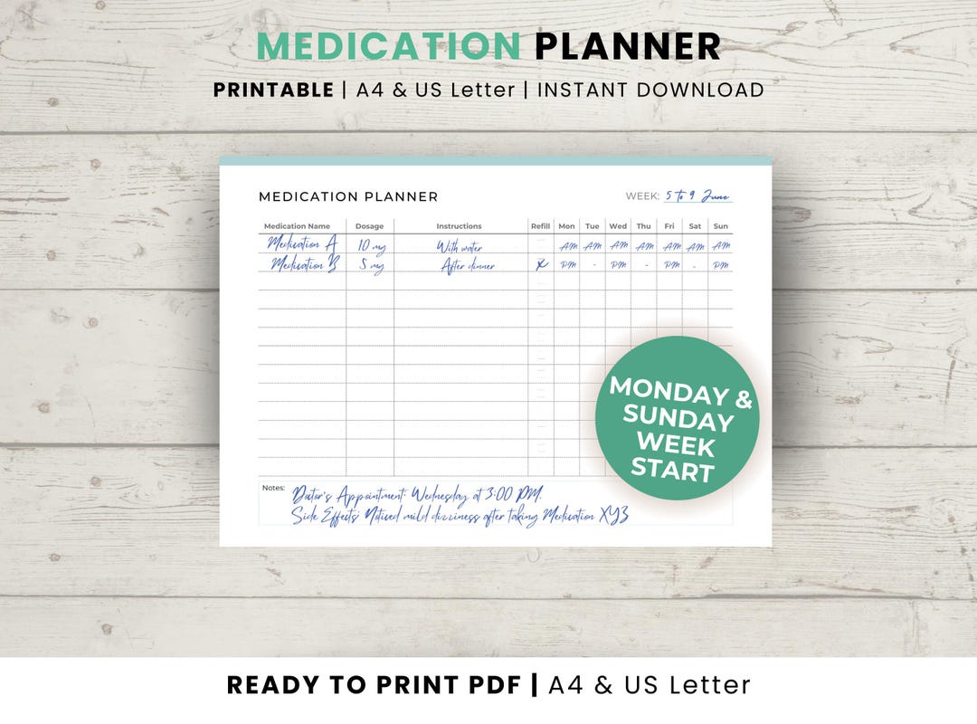 Weekly Medication Planner Printable: Pill List, Medicine Log (A4, US ...