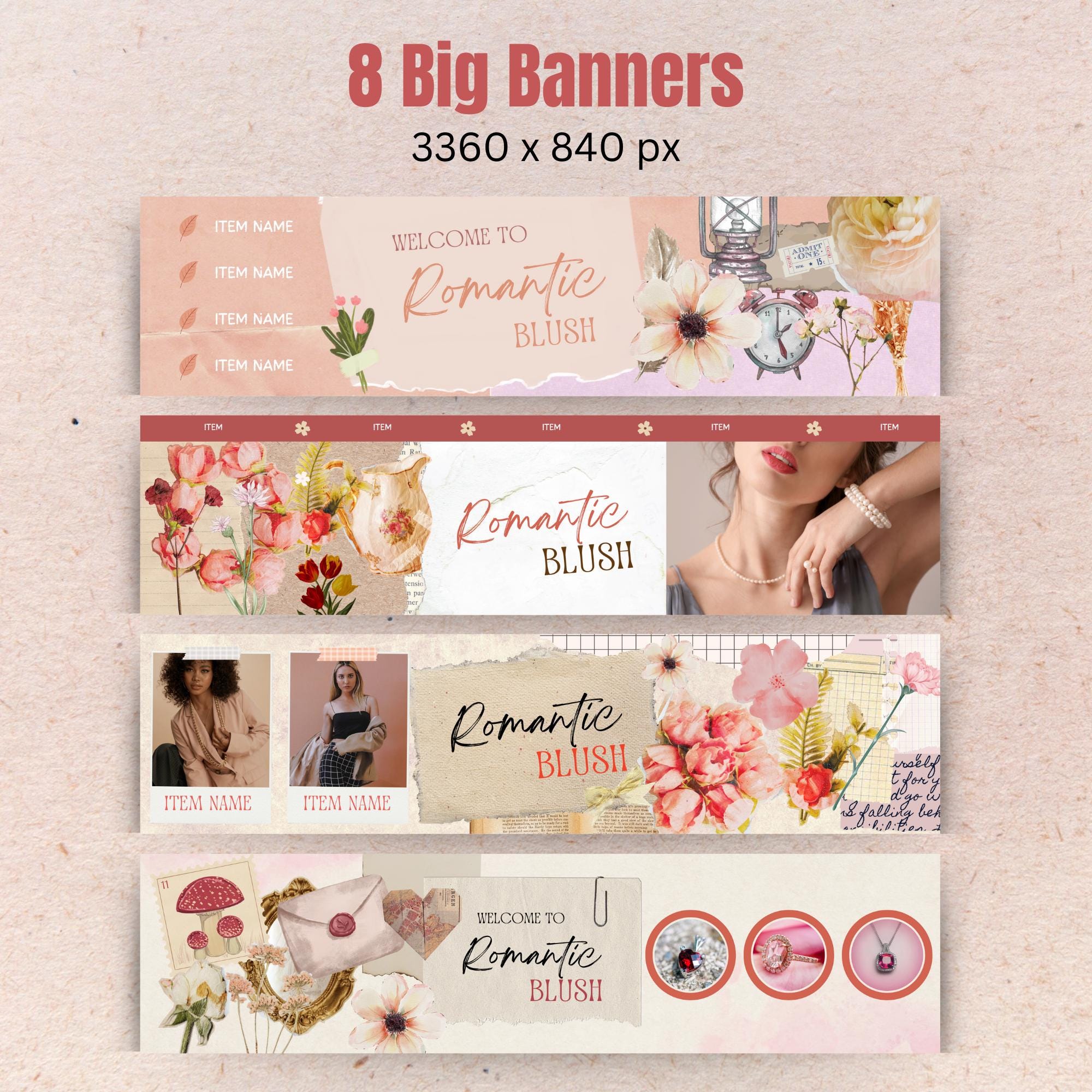 Etsy Shop Banner Template Canva Bundle Kit Pink and Red Floral ...