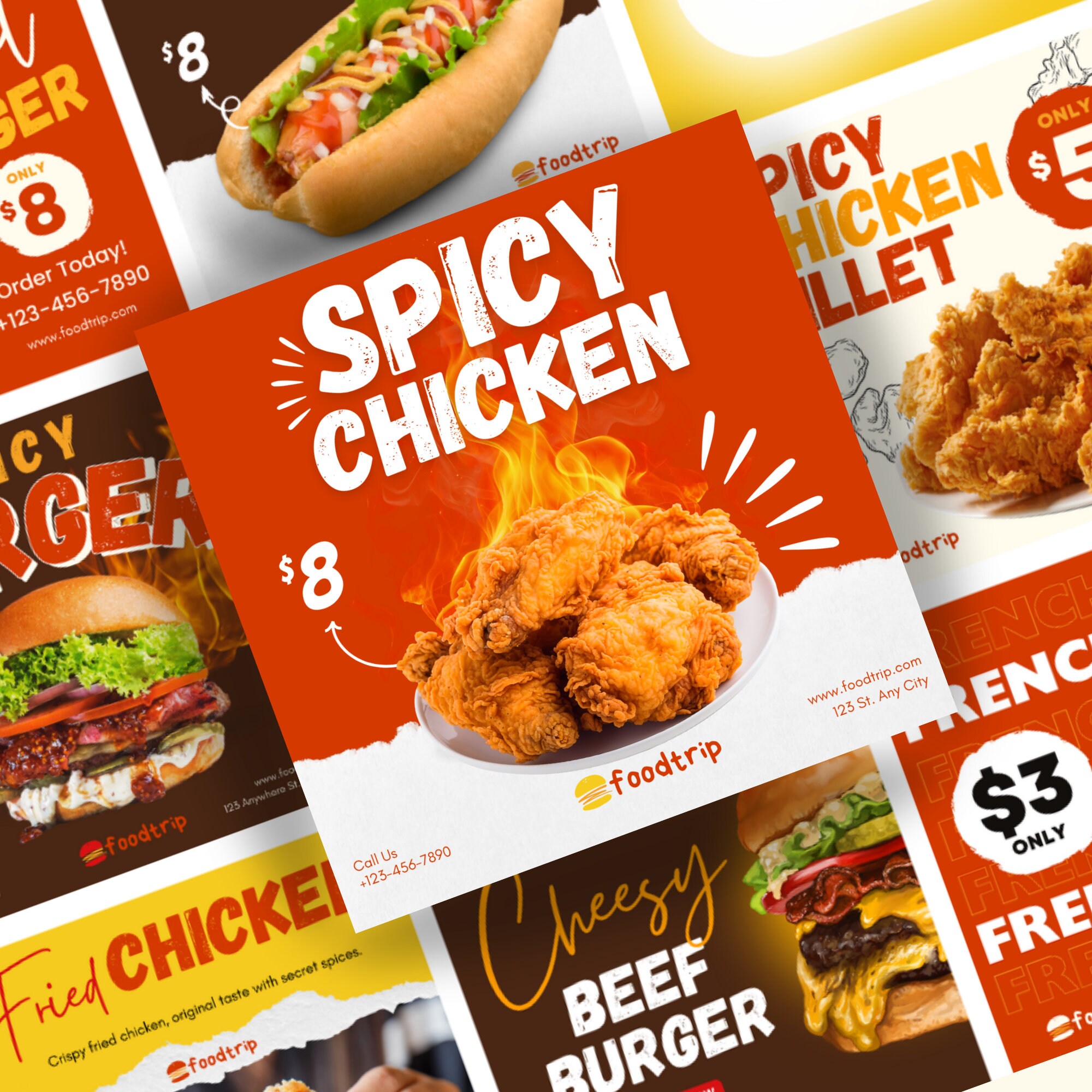 Fast Food Restaurant Instagram Flyer Posts | burger, Chicken, Fries ...
