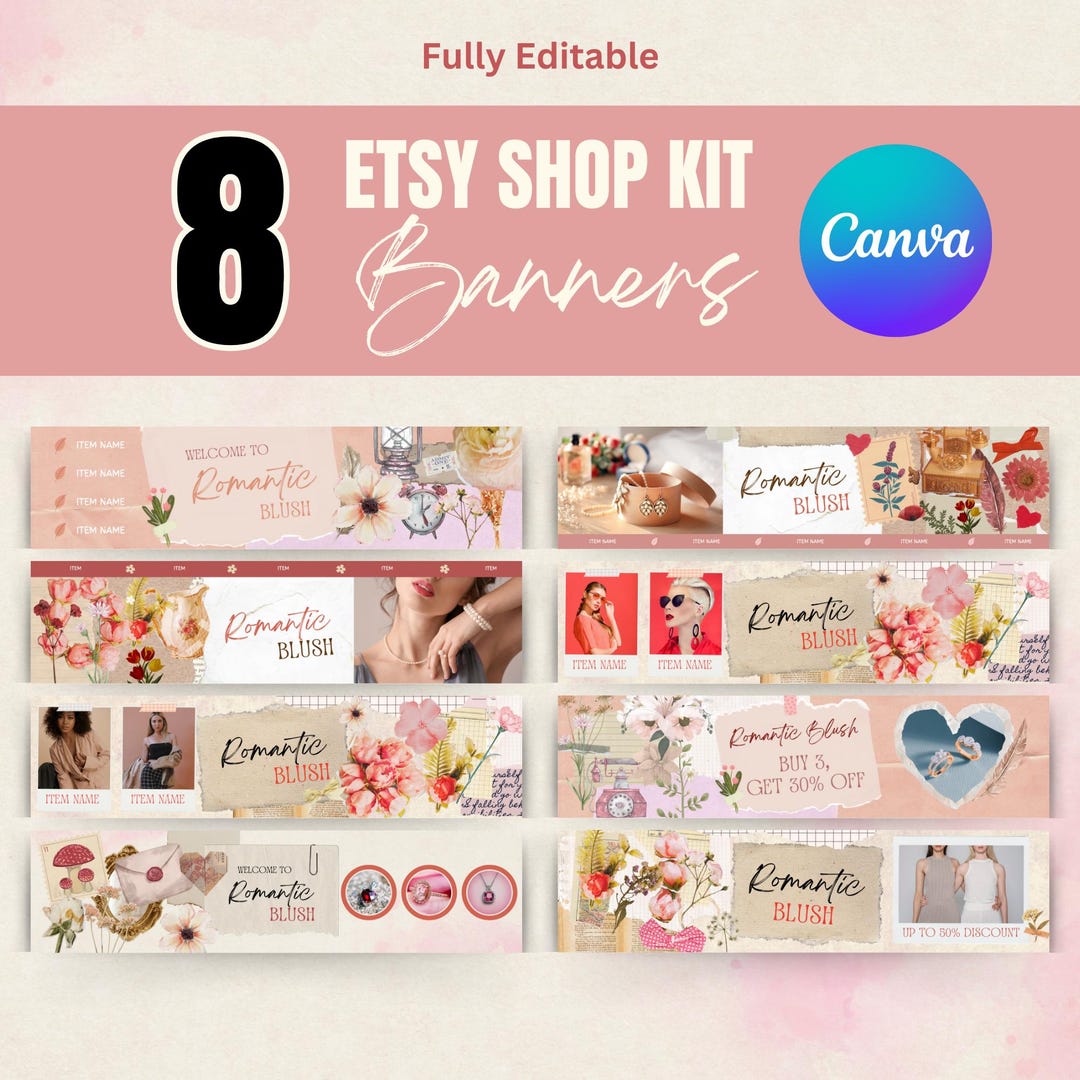 Etsy Shop Banner Template Canva Bundle Kit | Pink and Red Floral ...