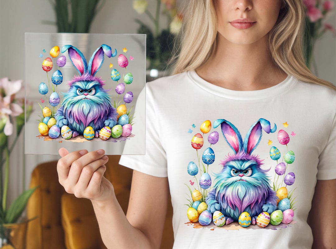 Angry Easter Bunny DTF Transfer, Fun Grumpy Rabbit With Pastel Egg ...