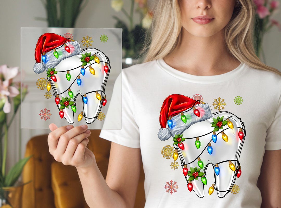 Christmas Tooth DTF Transfer, Santa Hat and Festive Lights Design ...