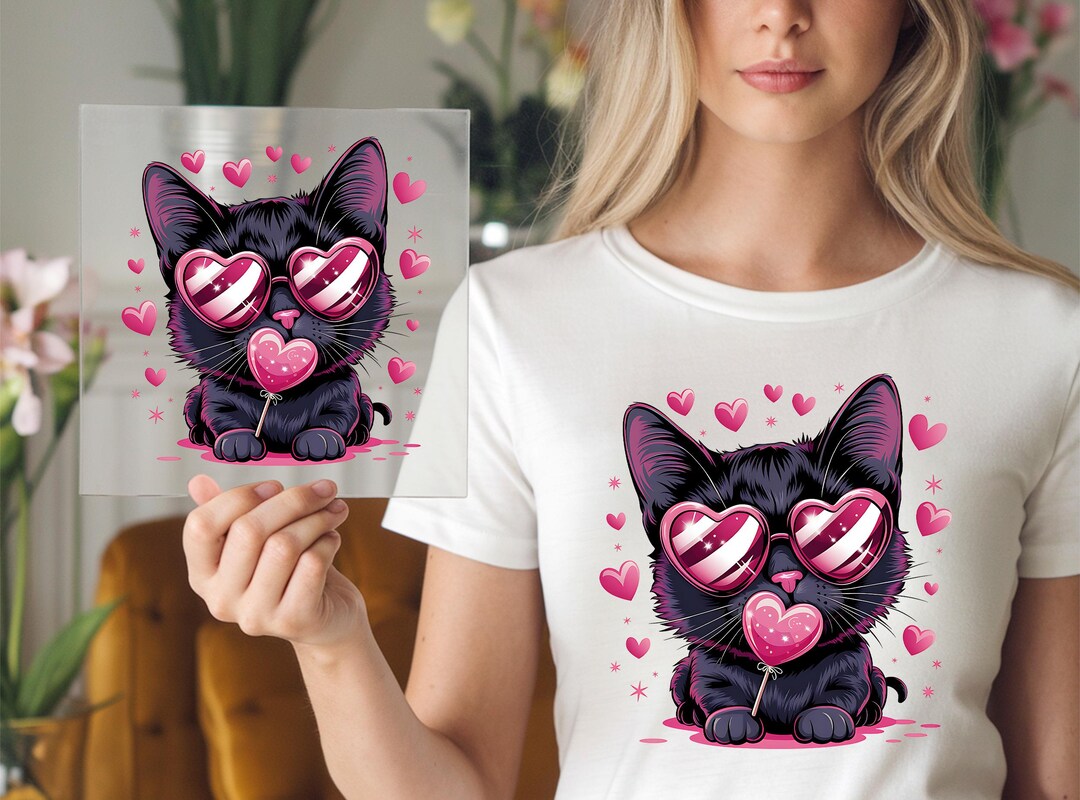 Adorable Black Cat DTF Transfer, Heart Sunglasses and Lollipop Design ...