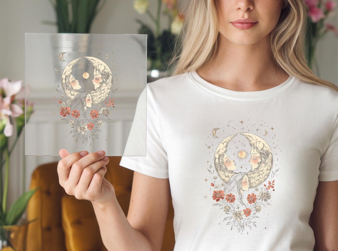 Floral Crescent Moon DTF Transfer With Faces and Celestial Design ...