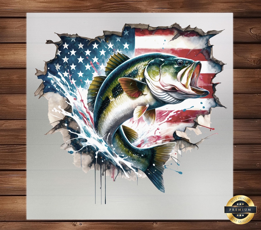 Bass Fishing DTF Transfer, USA Flag Fishing, High-quality Print, Easy ...