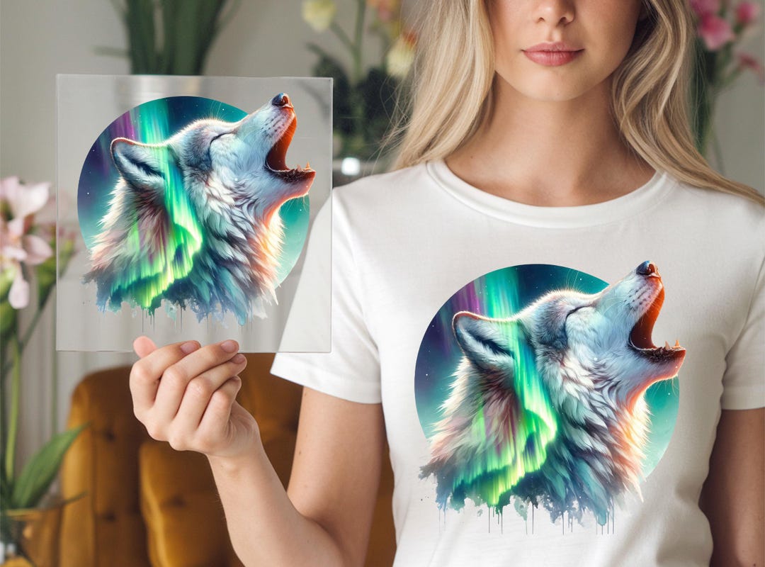 Northern Lights Wolf DTF Transfer, Howling Wolf Aurora Art Print, Ready ...