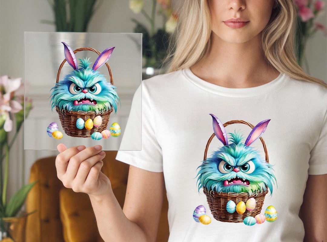 Angry Easter Bunny DTF Transfer, Unique Monster With Basket and Eggs ...