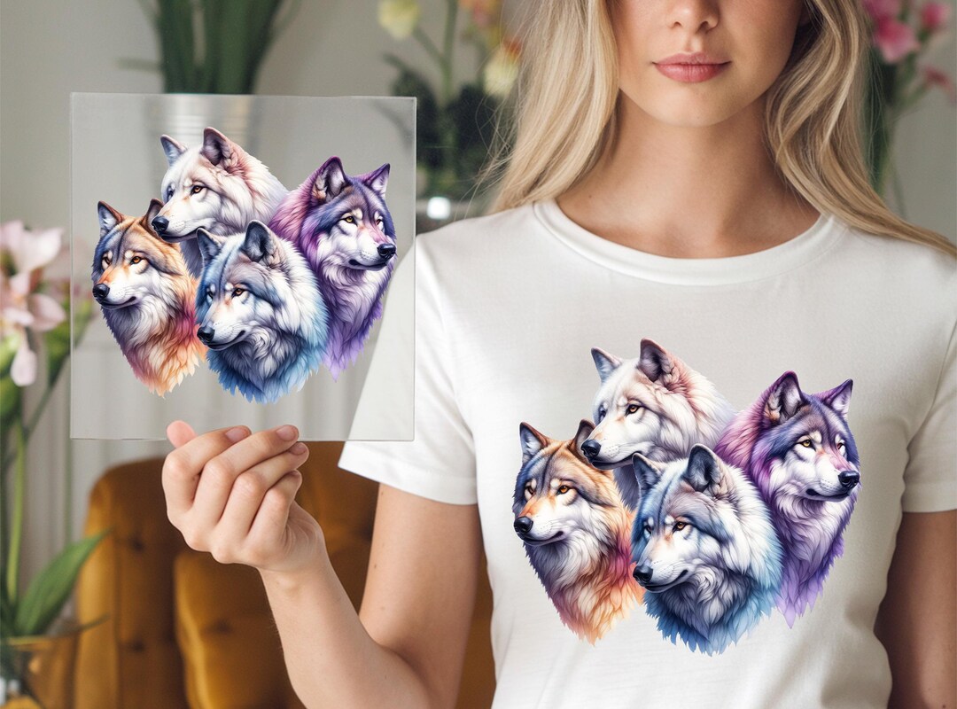 Colorful Wolf Pack DTF Transfer, Four Wolves Portrait Print, Ready to ...