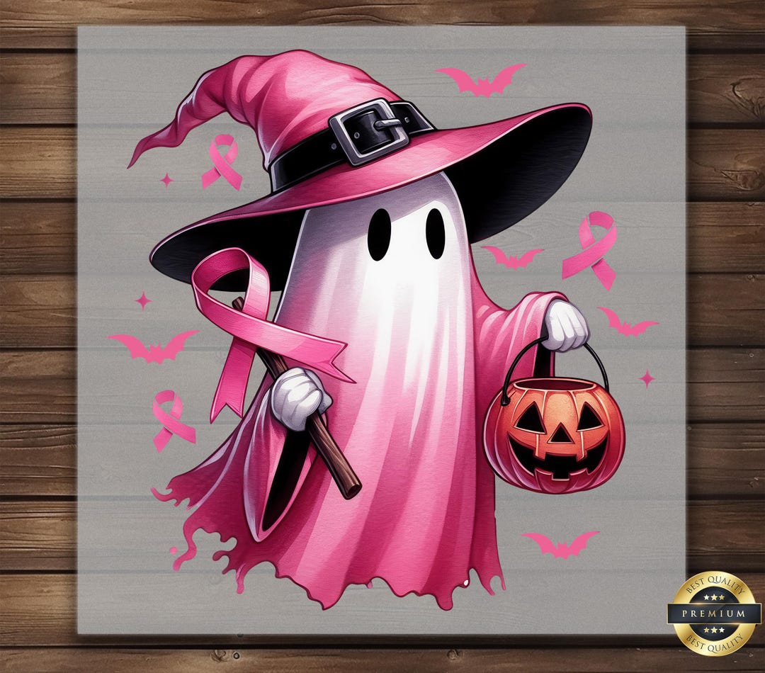 Breast Cancer Witch Ghost DTF Transfer, Pink Ribbon Halloween Design ...