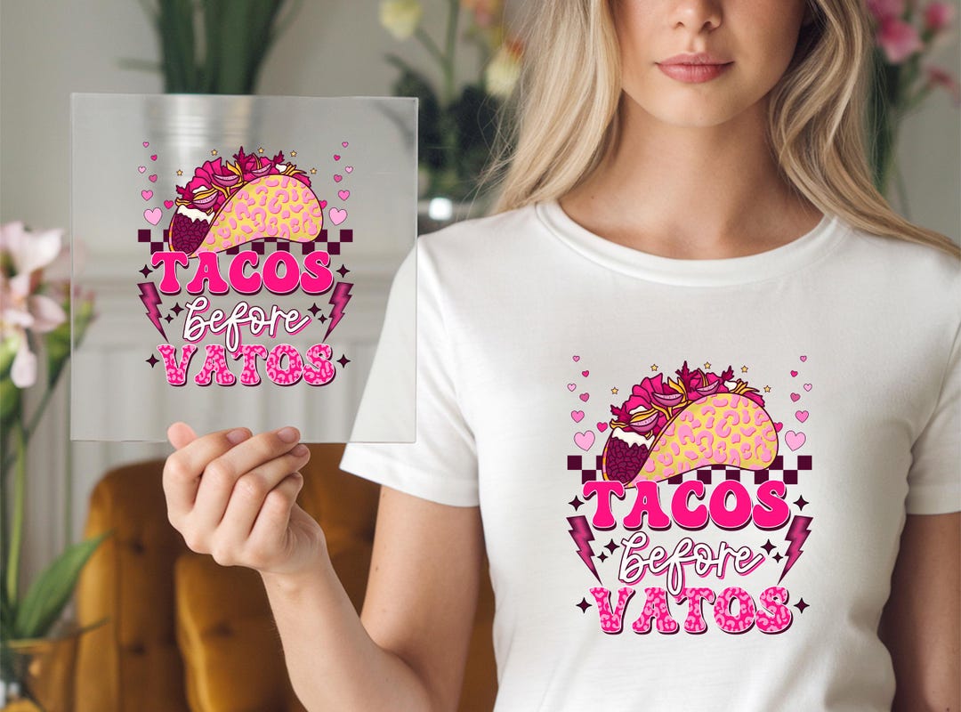 DTF Transfer, Tacos Before Vatos Design, Leopard Taco Art, Pink Retro Style, Mexican Food Theme ...