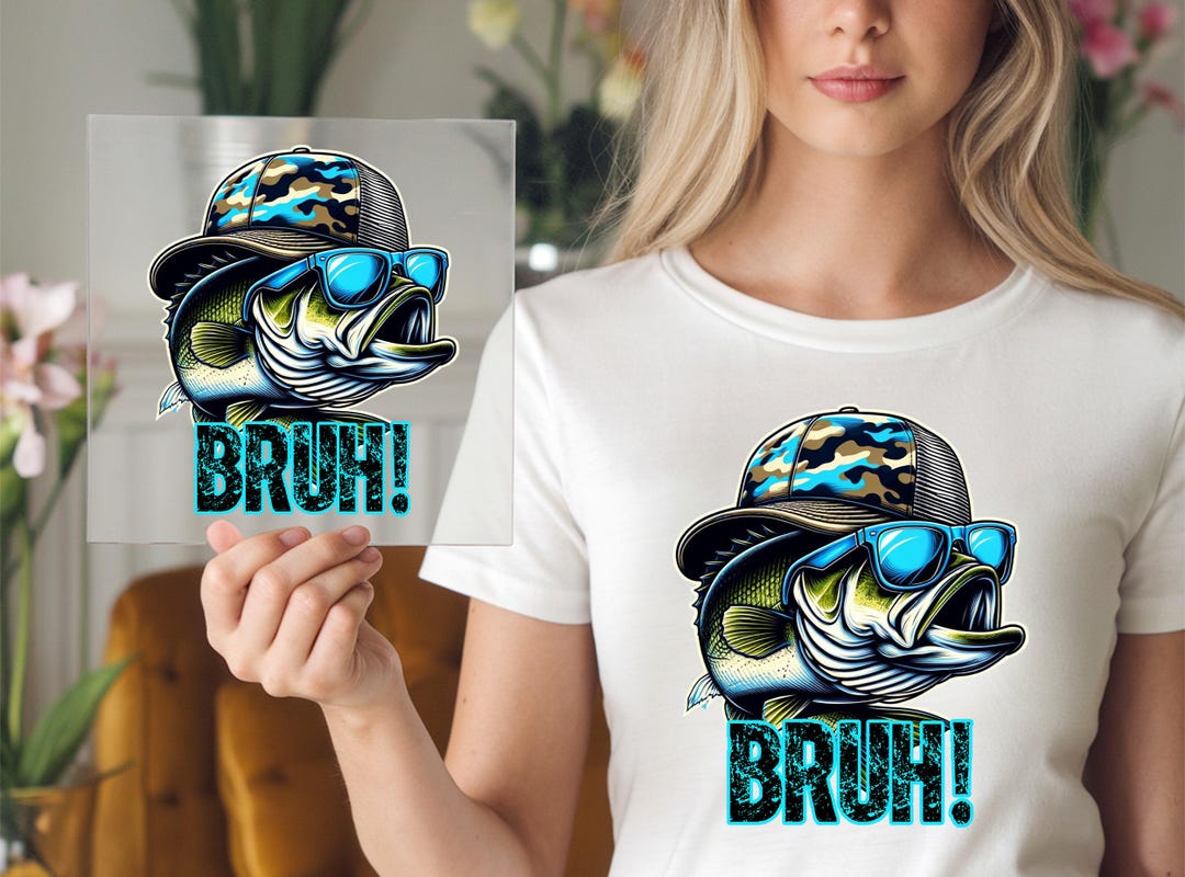 Funny Fish DTF Transfer, Bruh Bass With Blue Glasses and Cap, Fishing ...