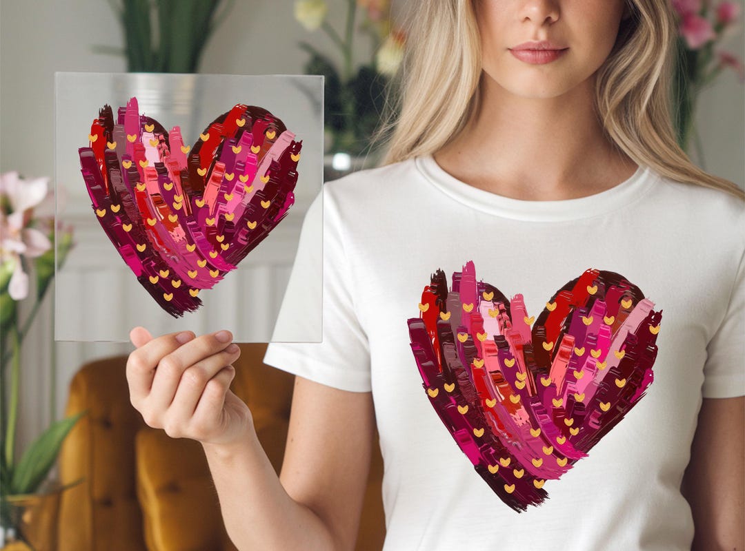 Colorful Abstract Heart DTF Transfer, Gold Accents With Brush Strokes ...