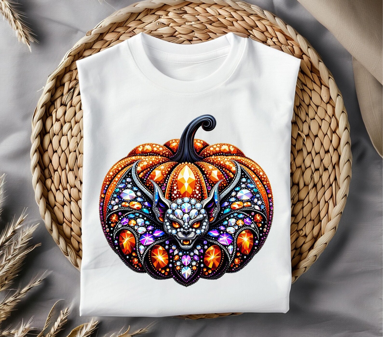 Gargoyle Pumpkin DTF Transfer: Rhinestone Style Bat Halloween Iron-on ...