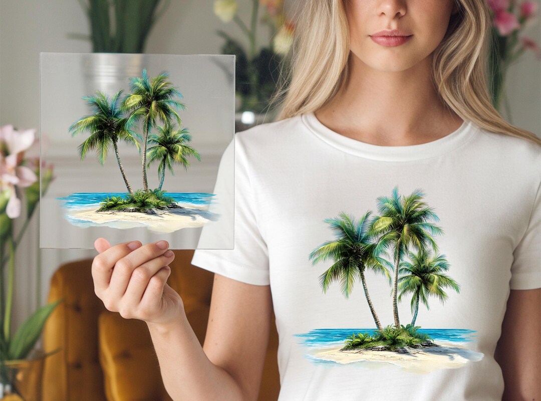Palm Tree Island DTF Transfer, Relaxing Beach Scene Design for Summer ...
