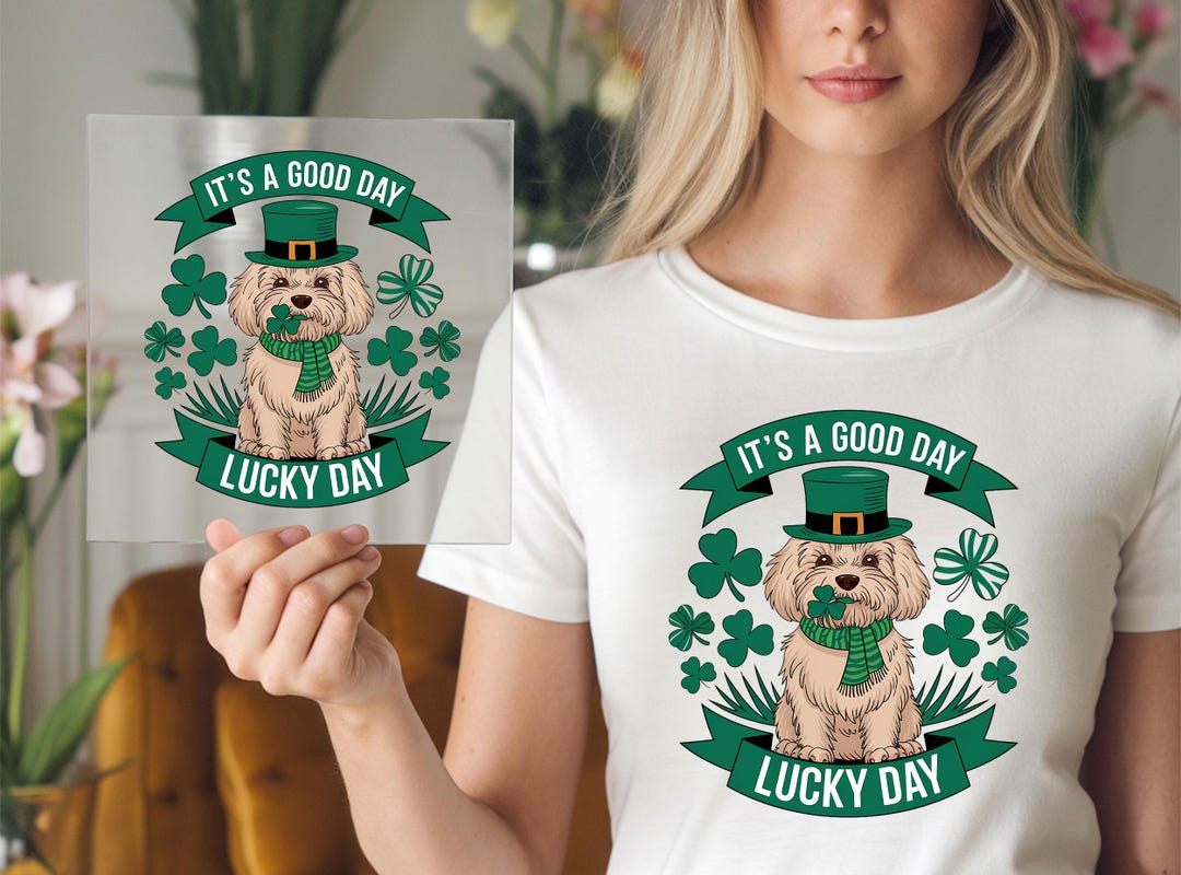 St Patrick’s Pup DTF Transfer, Lucky Clover Dog Print, Irish Hat Puppy ...