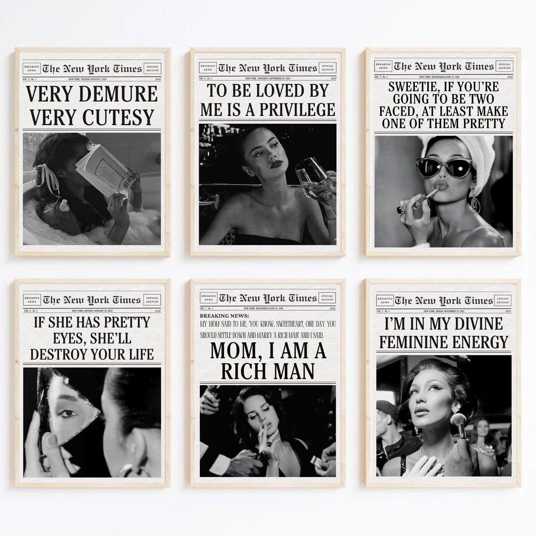 Newspaper Wall Art, Trendy Newspaper Print, Set of 6 Digital Wall Art, Retro Wall Art, Vintage ...