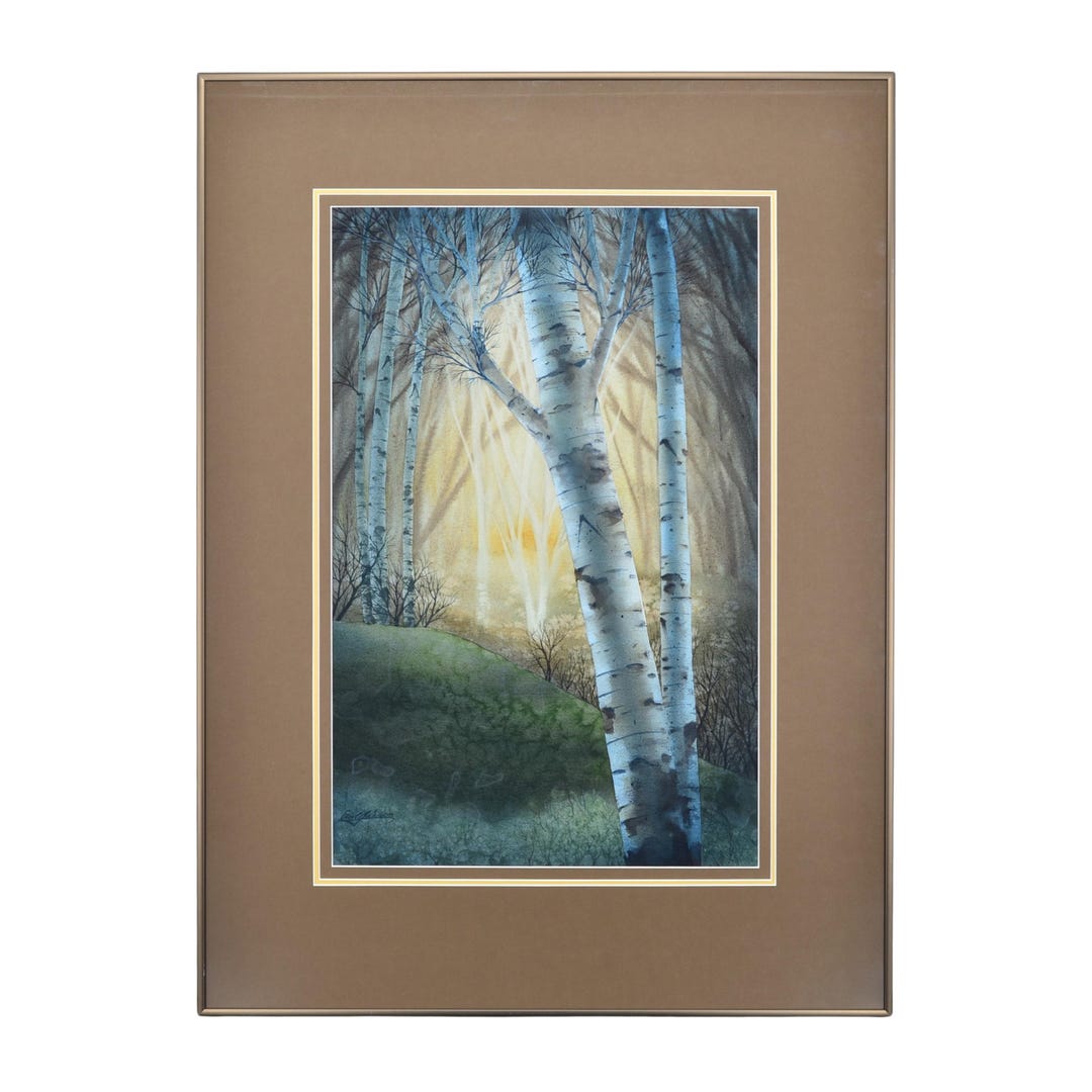 Original Watercolor Painting: Birch Trees Sunrise Landscape, Framed ...