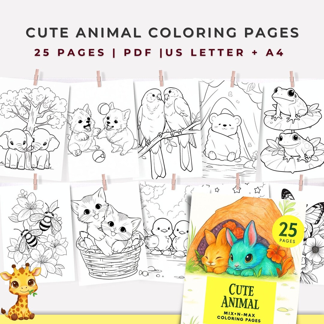 Kawaii Animal Coloring Pages, 25 Printable Kids Designs (PDF) - Etsy