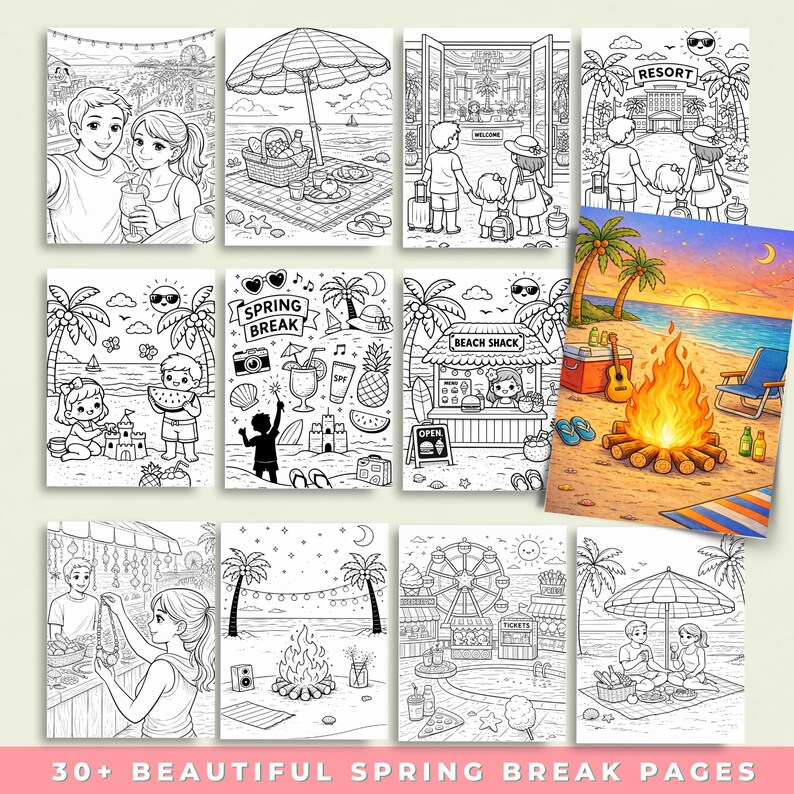 Spring Break Coloring Pages for Kids | Beach Days, Vacation, Travel ...