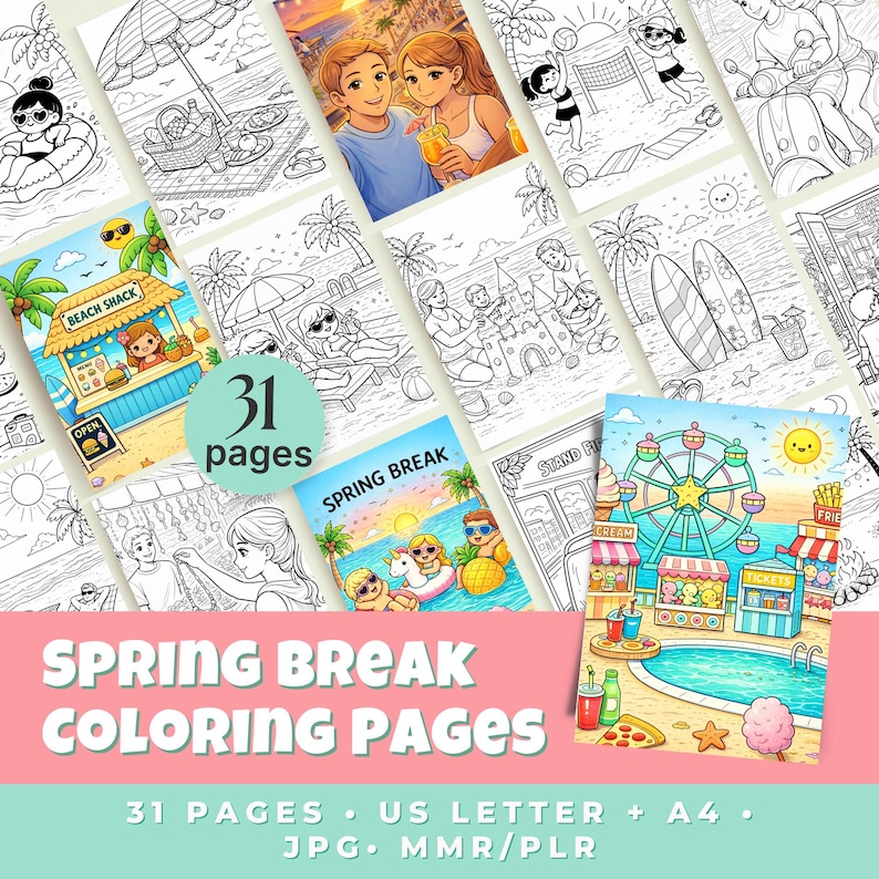 Spring Break Coloring Pages for Kids | Beach Days, Vacation, Travel ...