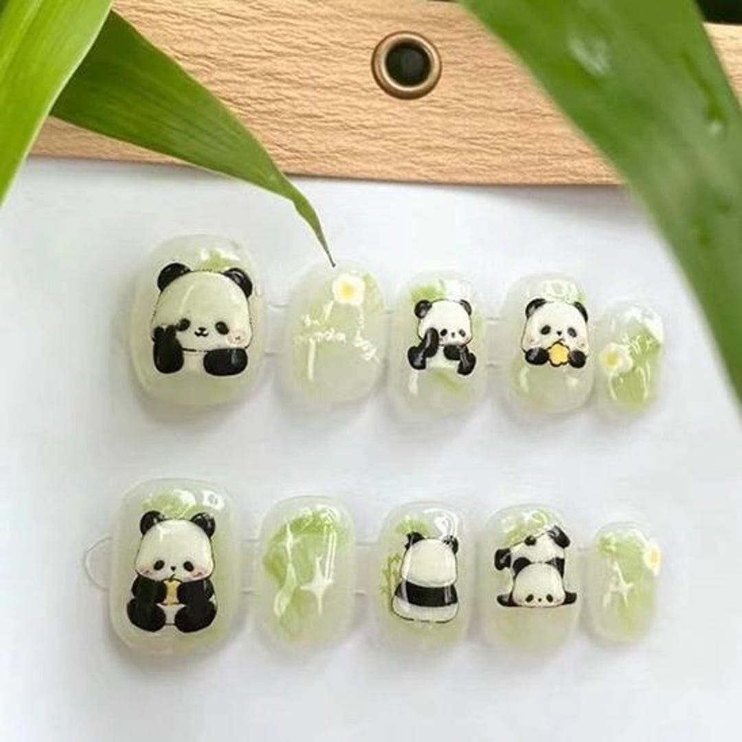 Cute Panda Press-on Nails, Hand-painted Kawaii Animal Nail Art, Panda ...