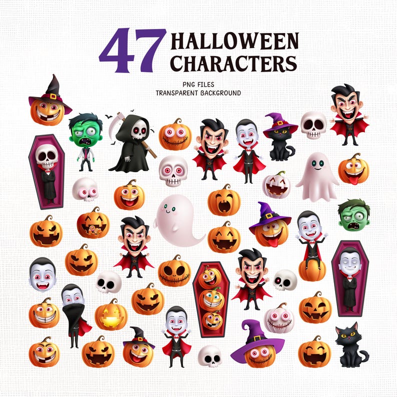 Halloween Clipart Characters PNG Bundle With Vampire, Zombie, Pumpkin ...