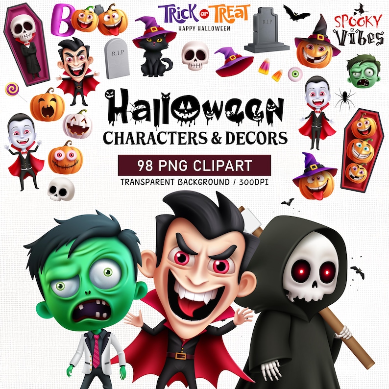 Halloween Clipart Characters PNG Bundle With Vampire, Zombie, Pumpkin ...