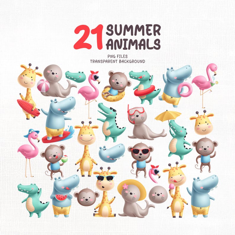 Summer Beach Animals PNG Clipart Illustration, 90+ Animals Characters ...
