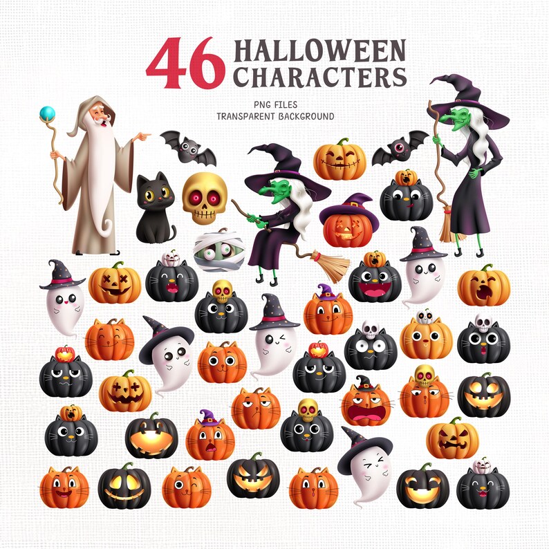 Halloween Pumpkin Clipart PNG Bundle With Witch, Wizard, Ghost ...