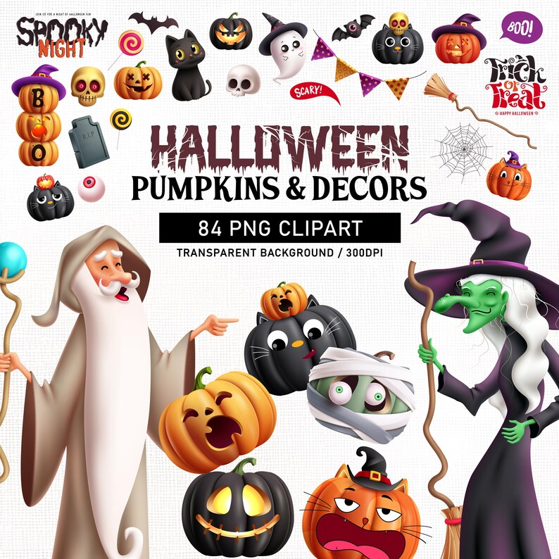 Halloween Pumpkin Clipart PNG Bundle With Witch, Wizard, Ghost ...