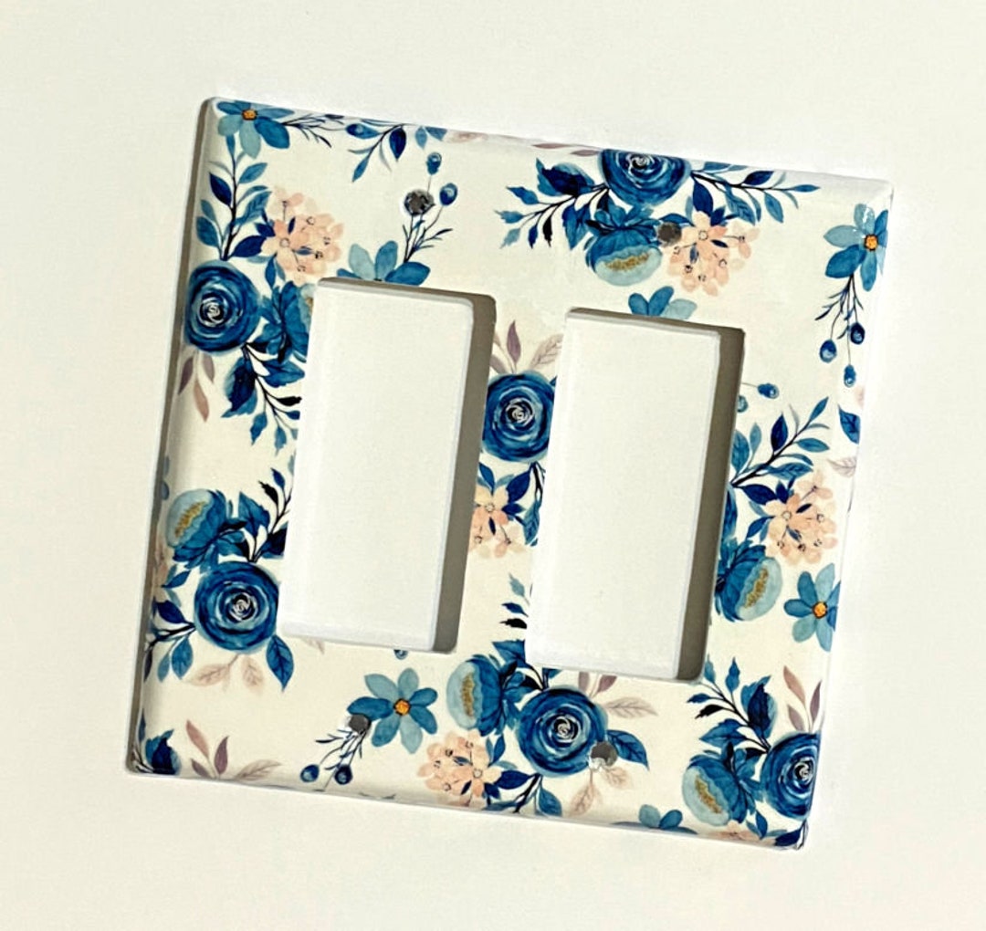Navy and Pink Floral Switch Cover, Pink Roses Switchplate, Triple ...