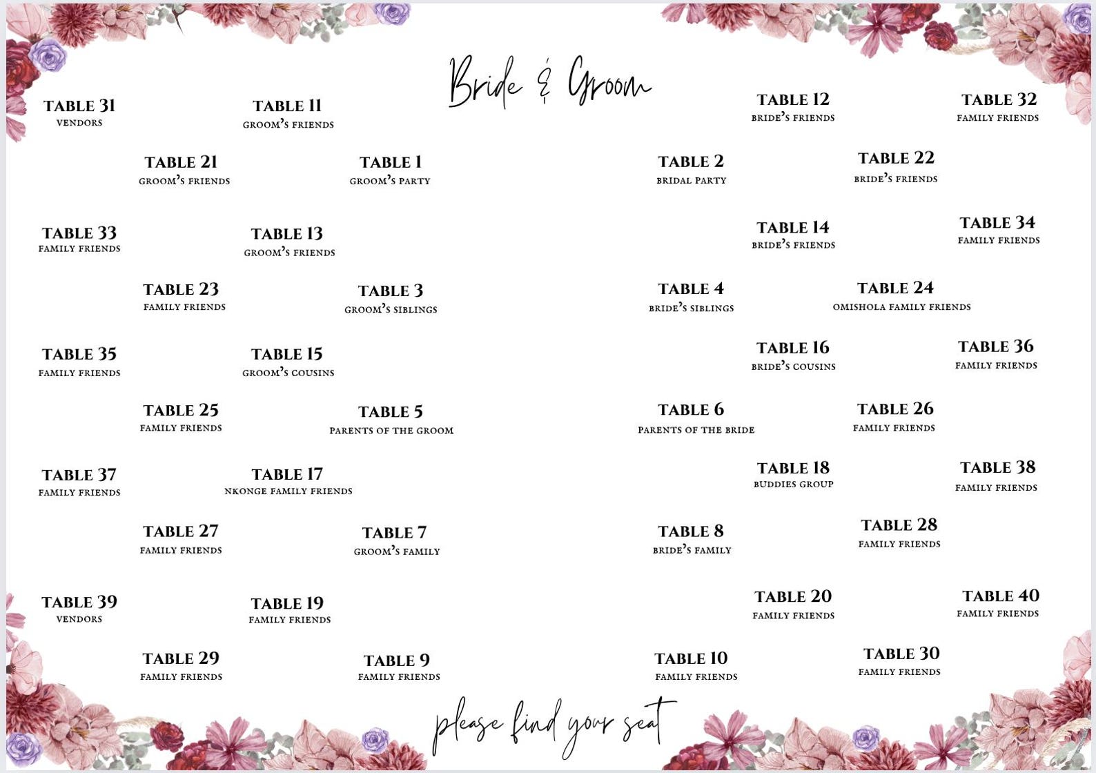 Personalised Wedding Table Seating Plan, A1 Event Seating Plan, Wedding ...