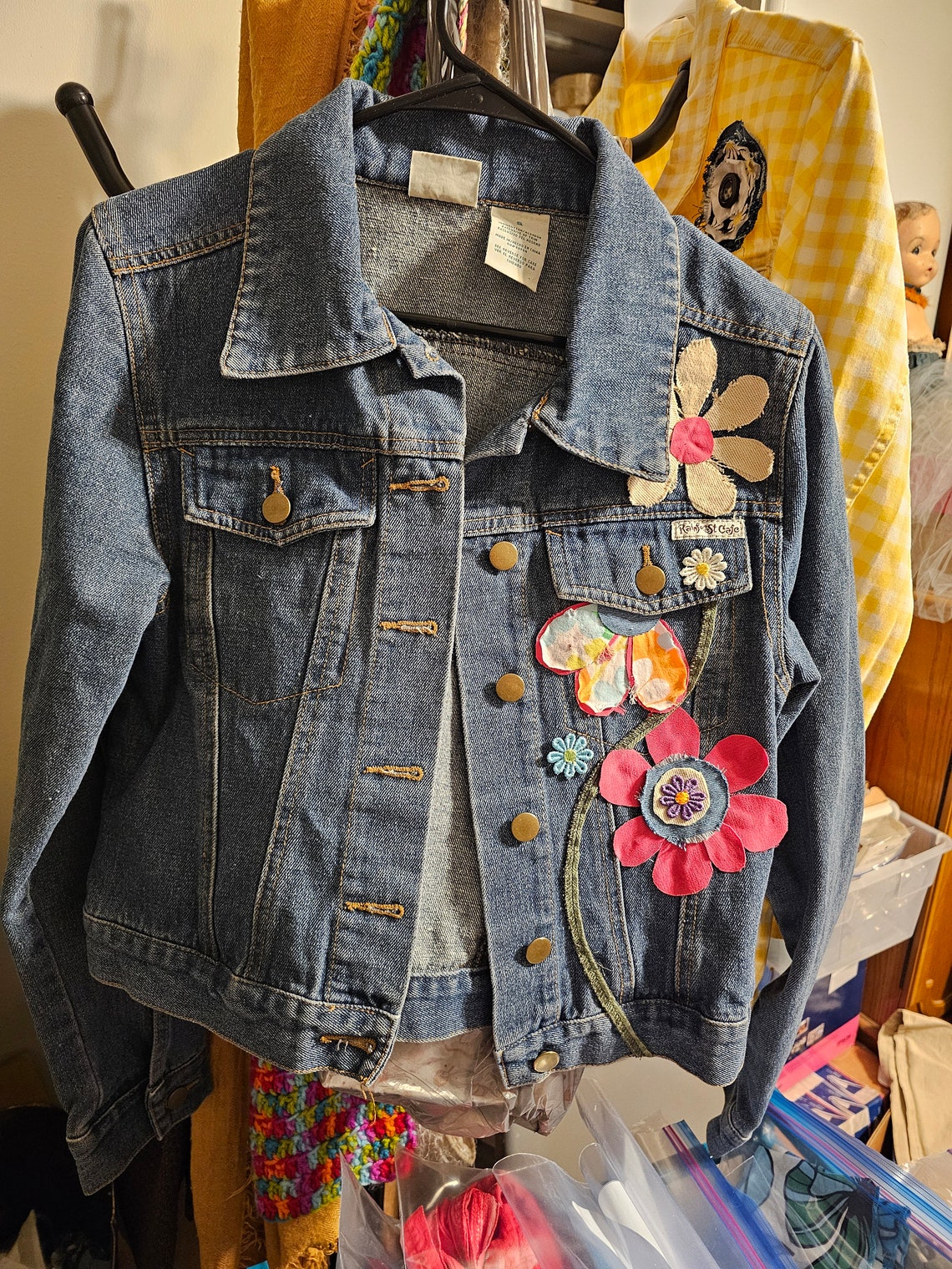 Custom Decorated Demin Jean Jacket With Hand Made Fabric Flowers. Boho ...