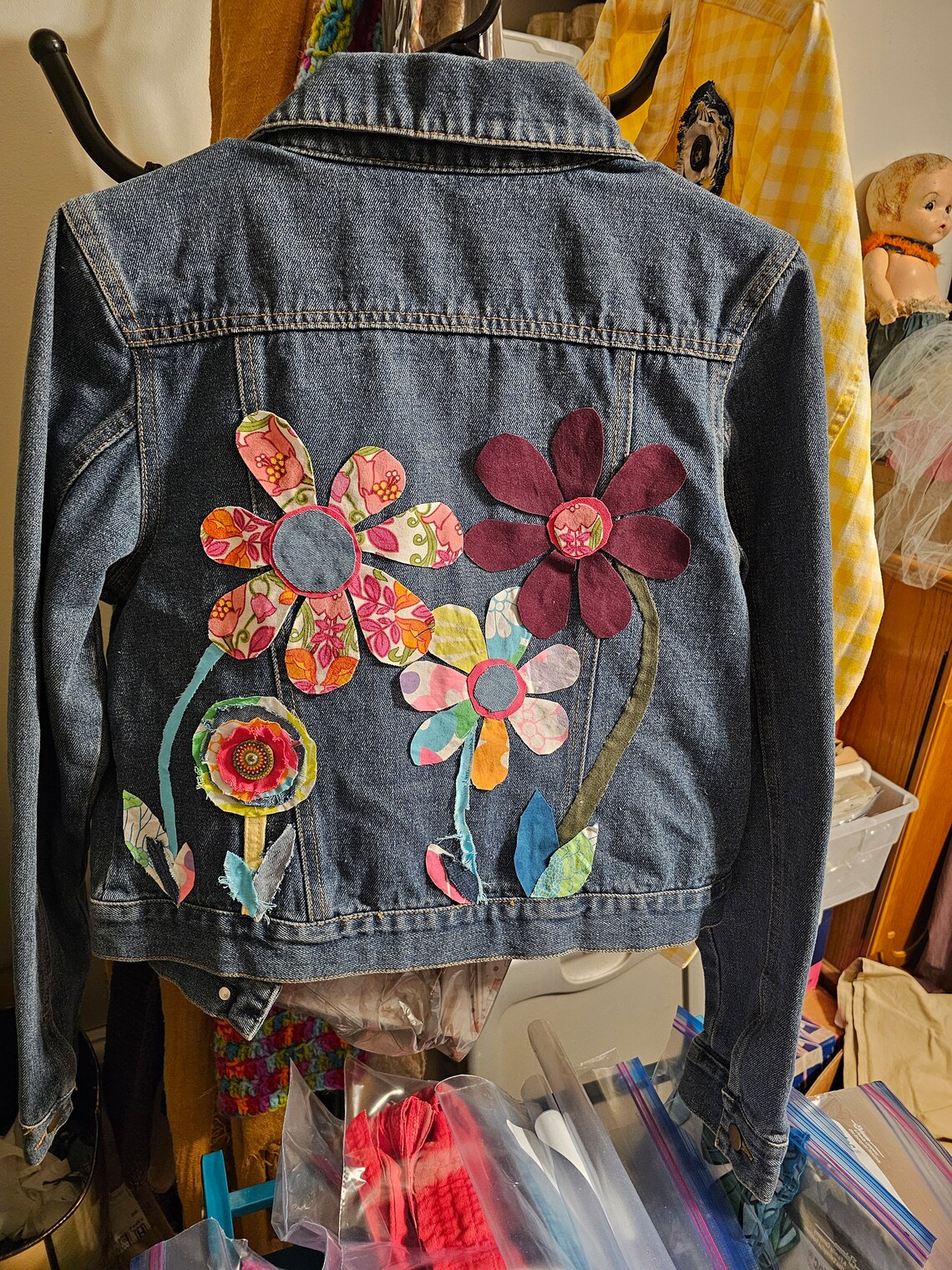 Custom Decorated Demin Jean Jacket With Hand Made Fabric Flowers. Boho ...