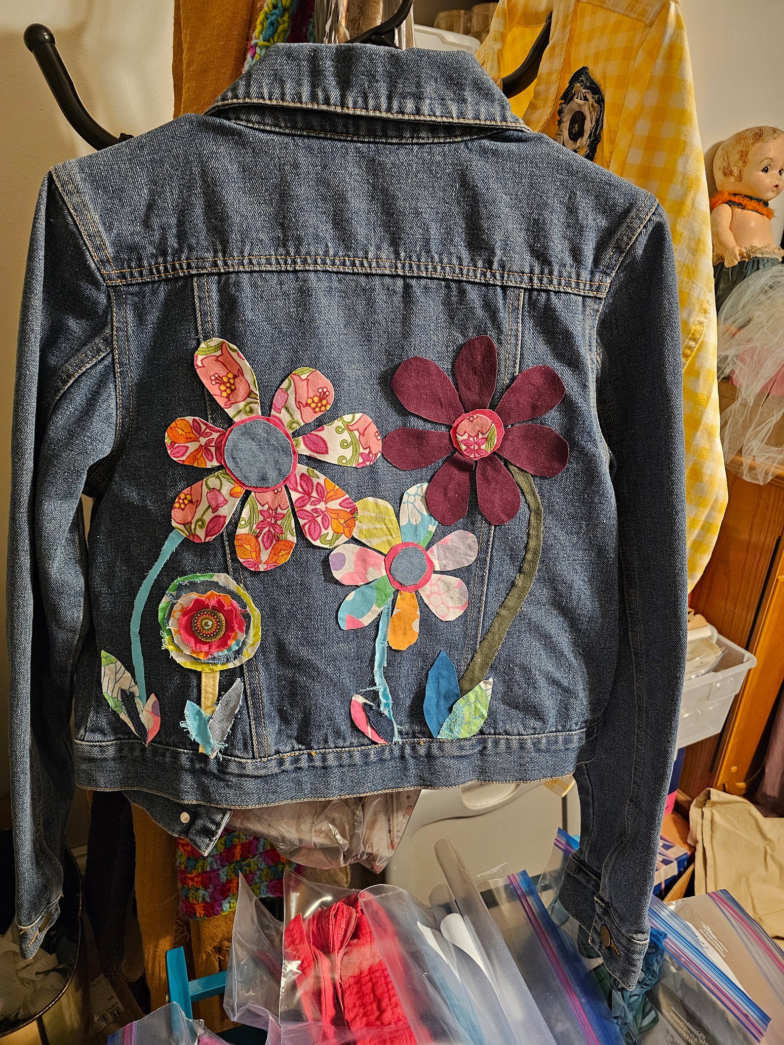 Custom Decorated Demin Jean Jacket With Hand Made Fabric Flowers. Boho ...