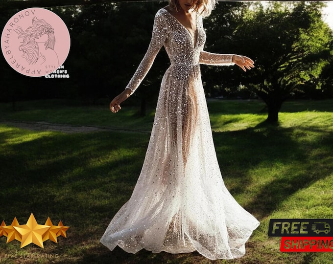 See-through Sequin Beaded Dress | A-line Bridal Stylish Gown | Custom Prom & Wedding Maxi ...