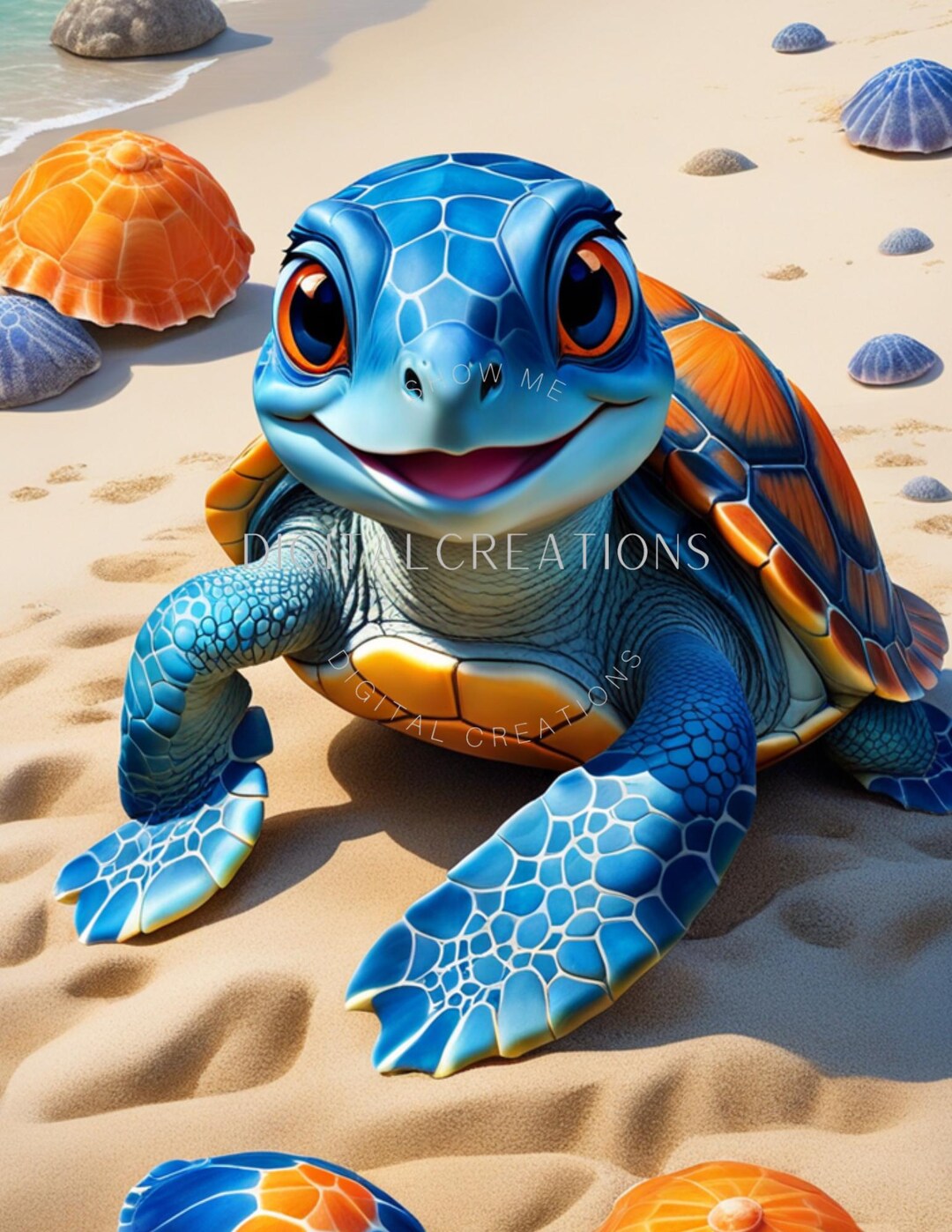 DIGITAL Blue Big Eyed Turtle on a Beach PNG File - Etsy