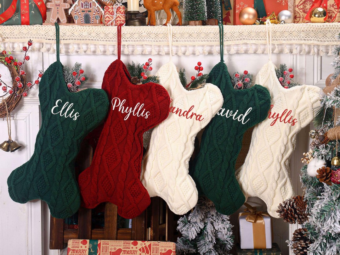 2025 Personalized Embroidered Knit Dog Bone Christmas Stocking - Etsy